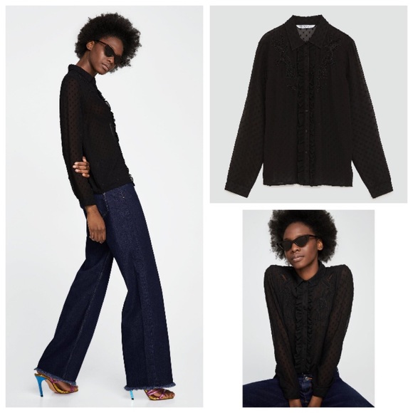 Zara | Tops | Nwt Zara Embroidered Dotted Mesh Sheer Shirt M | Poshmark
